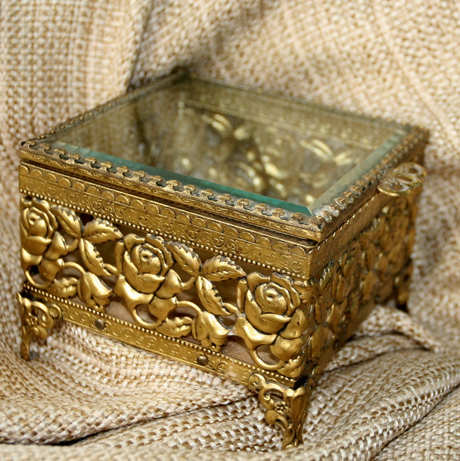 Vintage Gold Ormolu Filigree Square Trinket Jewelry Box Casket Beveled ...