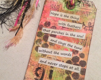Hope is the Thing with Feathers Mixed Media Art Tag Bookmark // Emily ...