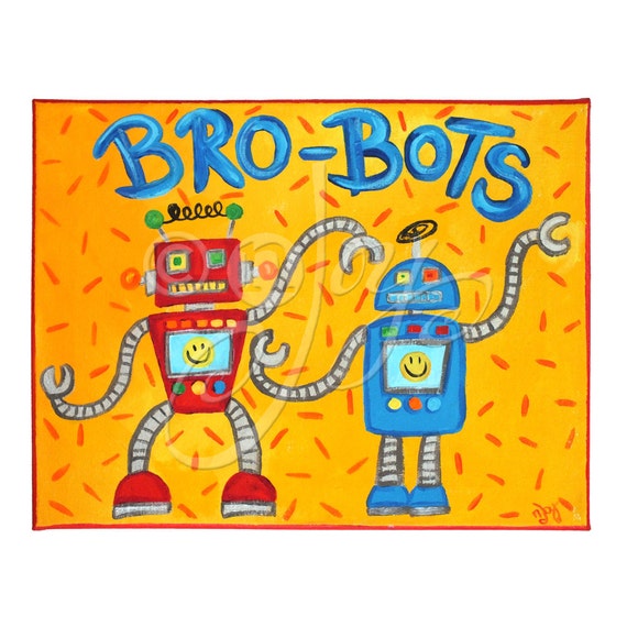 Custom Robot Art For Kids BRO-BOTS 11x14 Canvas Robot by nJoyArt