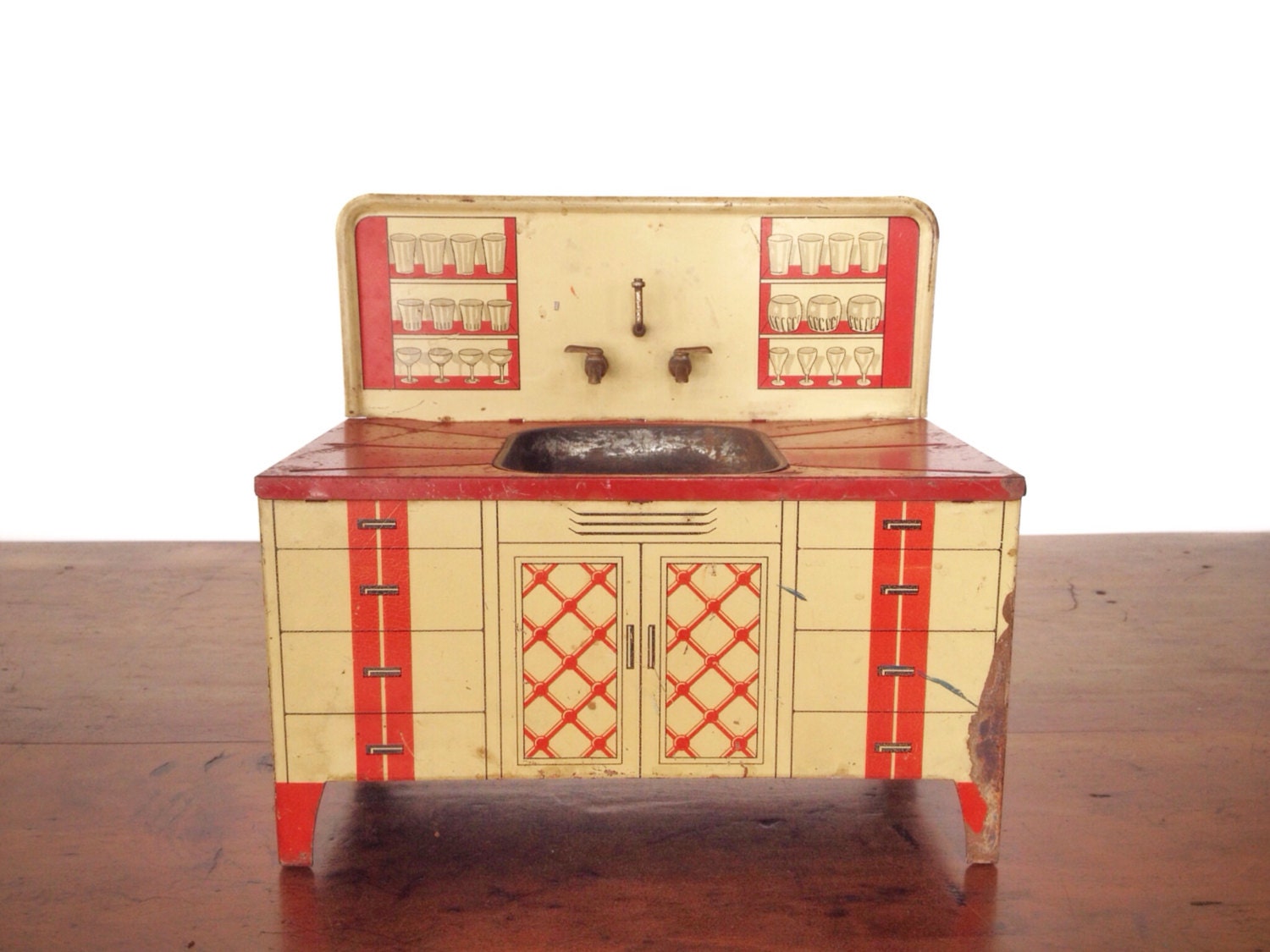 Wolverine toy sink tin litho play kitchen yellow tomato