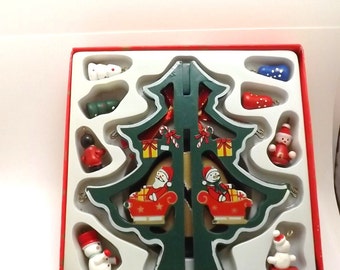 wooden christmas tree with miniature wooden ornaments, vintage