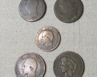 French Coins 1700's 1800's, 5 centimes 1855,10 cent 1855 1897, 5 c of ...