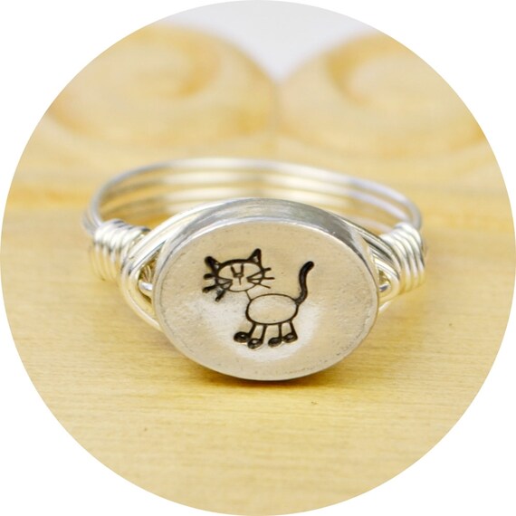 Stick Figure Cat Ring-Sterling Silver Filled Wire Wrapped Ring