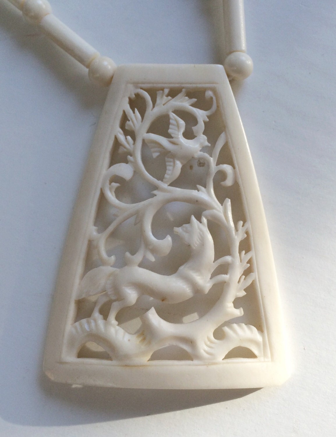Antique Necklace Carved Bone Pendant Necklace Fox by BebeAndKay