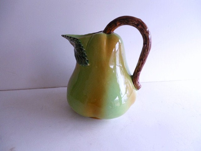 Ceramic Portugal Majolica Style Green Pear Shaped Pitcher Signed and ...