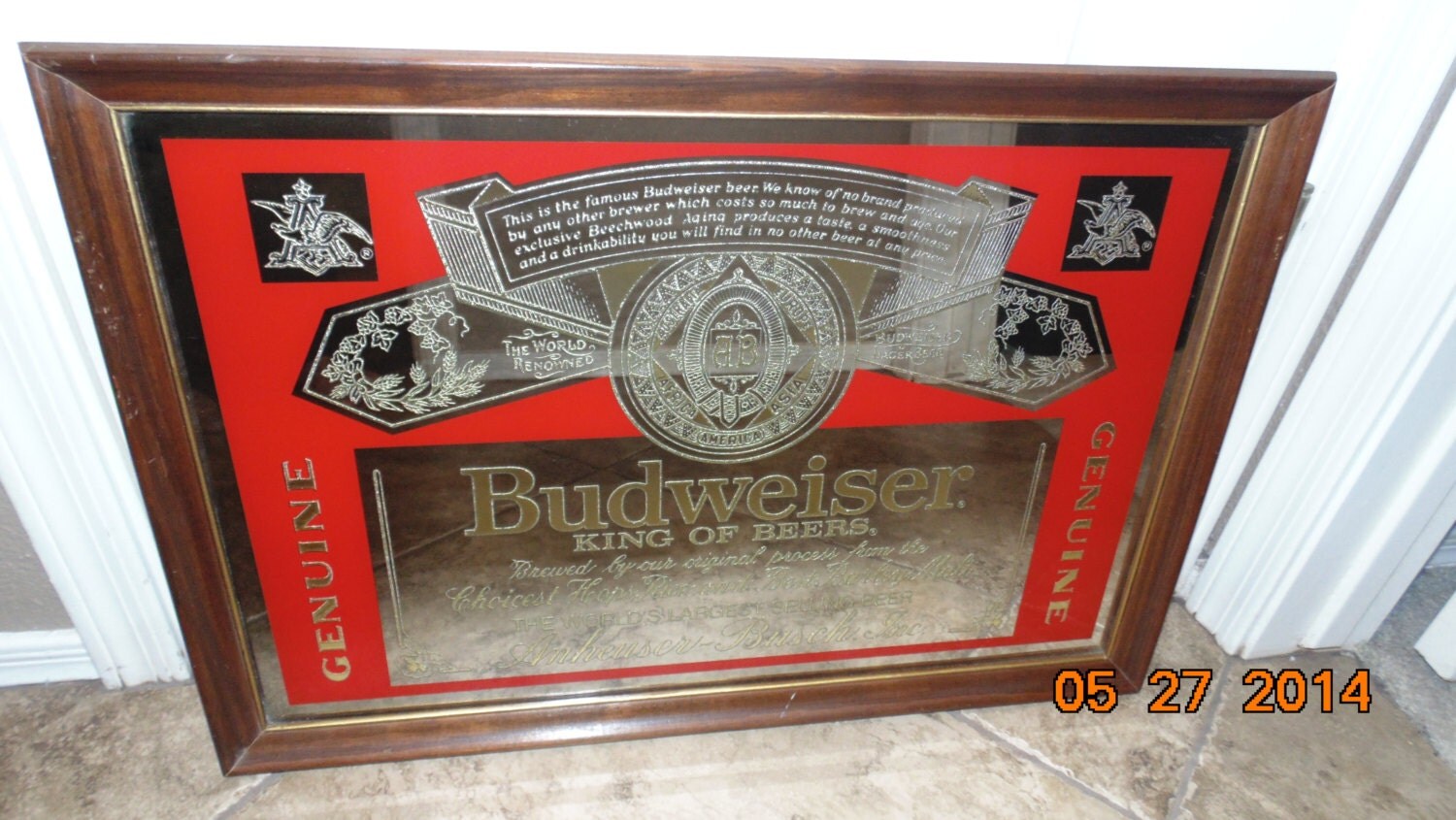 Vintage Budweiser Mirror sign Gold Foil Lettering 1989 Wood