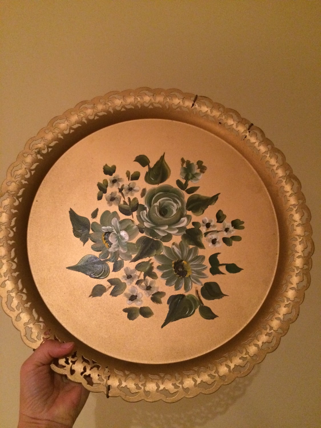 1950’s vintage Hand painted large golden metal tray with green flowers ...