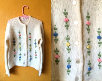 50s,60s Vintage cardigan, pastel knit flowers. Easter sweater.l vintage ...