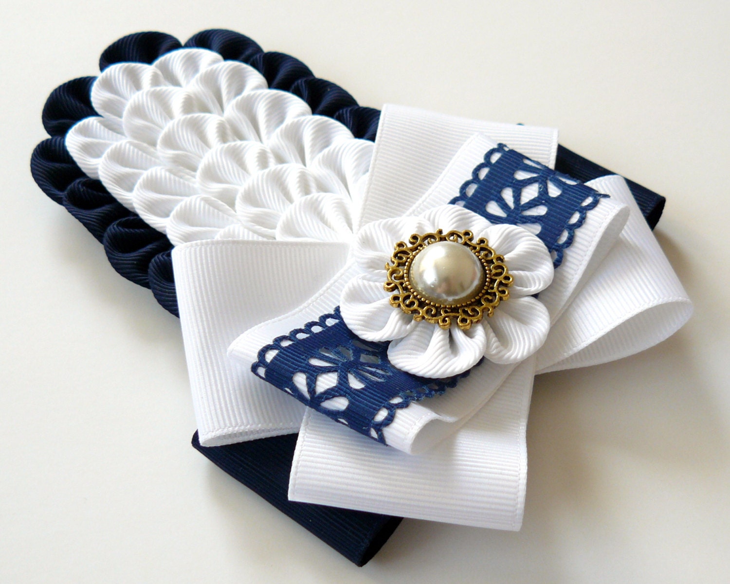 Ladies fabric pin brooch tie. Navy blue and white bow brooch