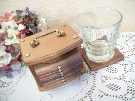 Coaster Set Teak Wood Framed Cork Coasters in Stacking Caddy