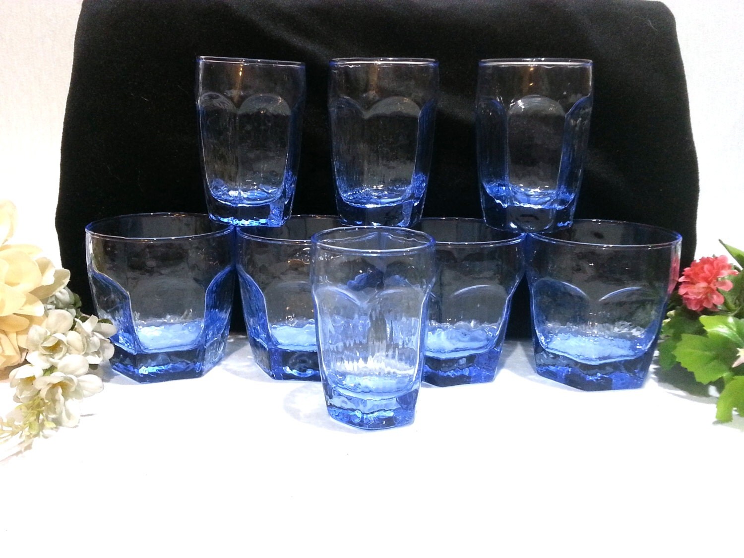 Set of 8 Blue Drinking Glasses Vintage, 4 Water Scotch Wisky Glass and ...
