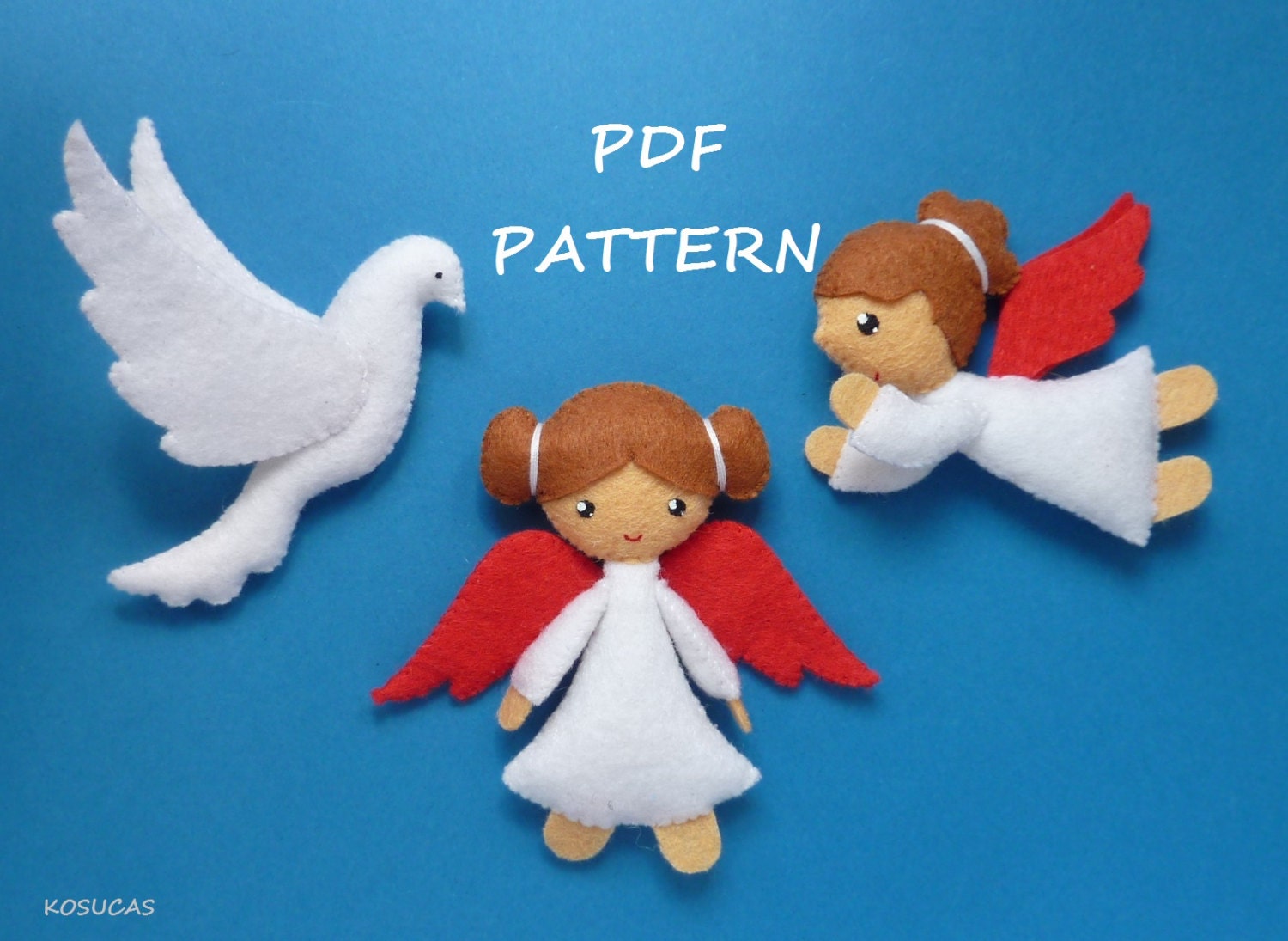 PDF sewing pattern to make felt small angels and a dove