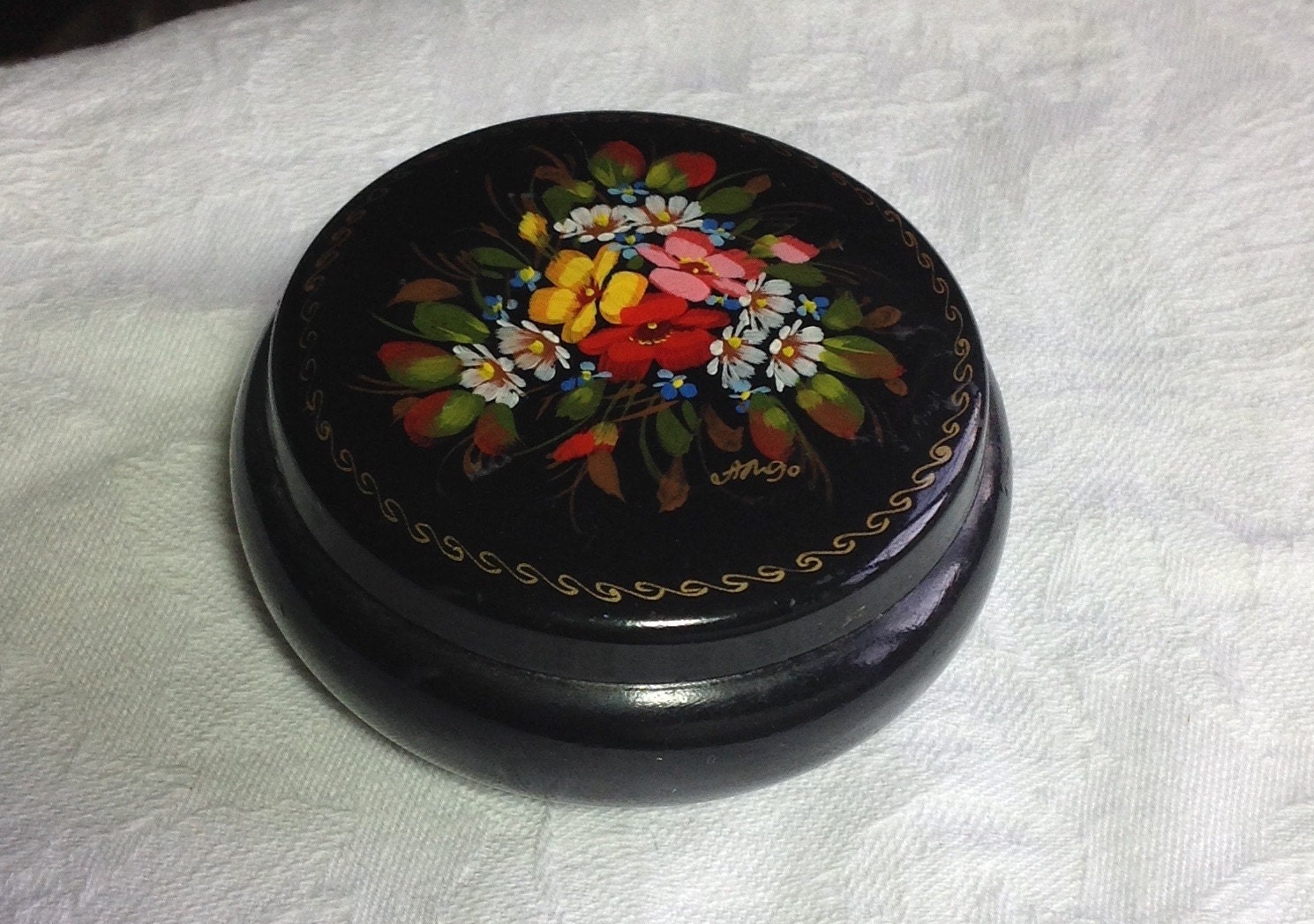 Hand Painted Jewelry Box Russian Black Lacquer Floral Trinket Box Black ...