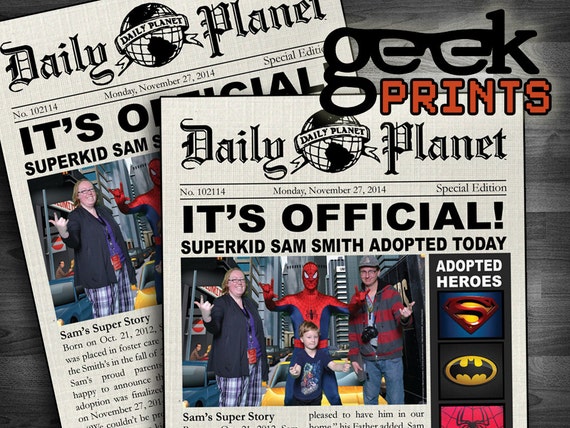 Adopted Super Hero Newspaper Printable by GeekPrintsandGifts