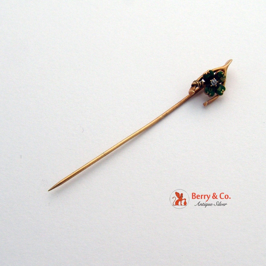 Lucky Four Leaf Clover Wishbone Stick Pin 14K Gold Diamond Green Enamel ...