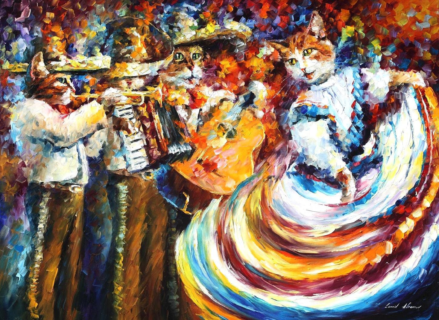 Mariachi Cats Animals Large Oil Painting On Canvas By Leonid