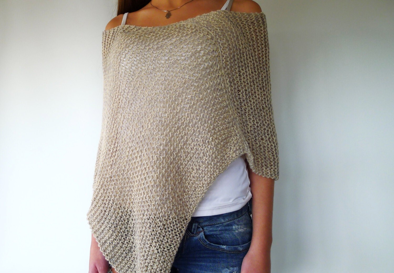 Grey knit summer poncho. Loose knit poncho. Long slouchy top.