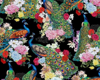 Elizabeth's Studio Peacocks Fabric - Available in black or ivory