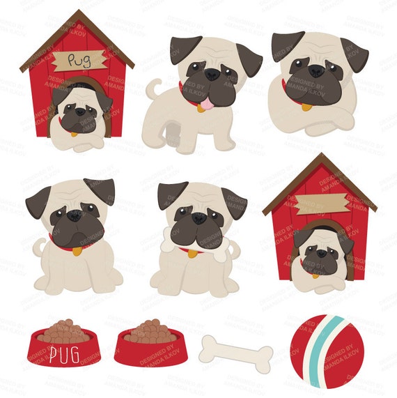 Professional Cute Pug Clipart Vectors & Digital Papers Cute