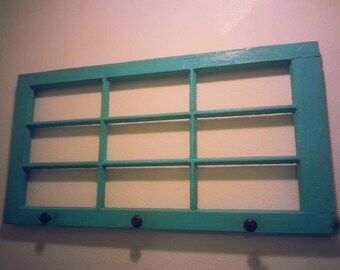 Turquoise Large Old Window Frame Wall Hanging and Coat Rack Reclaimed Wood