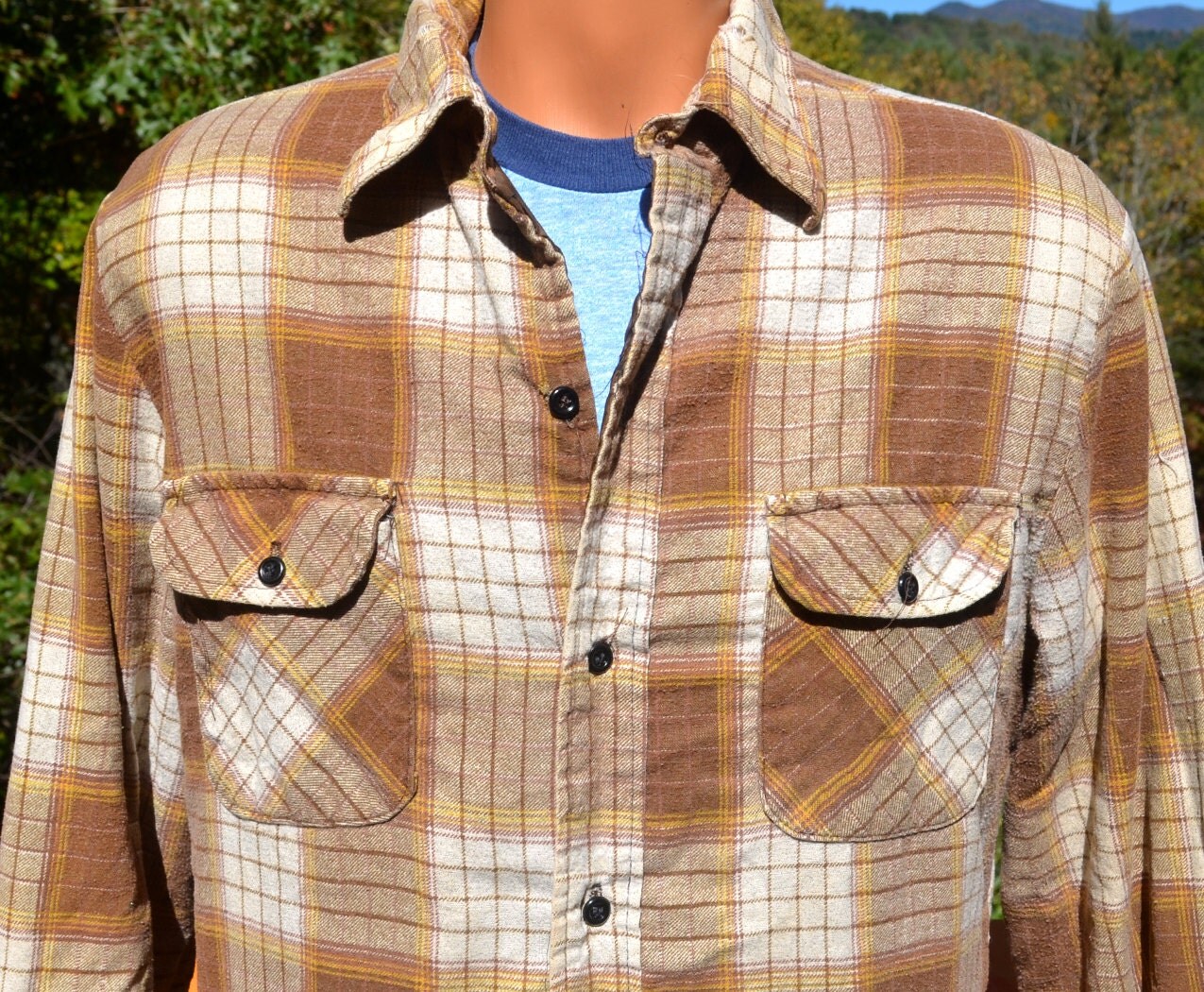 vintage 70s brown FLANNEL plaid shirt lumberjack button down