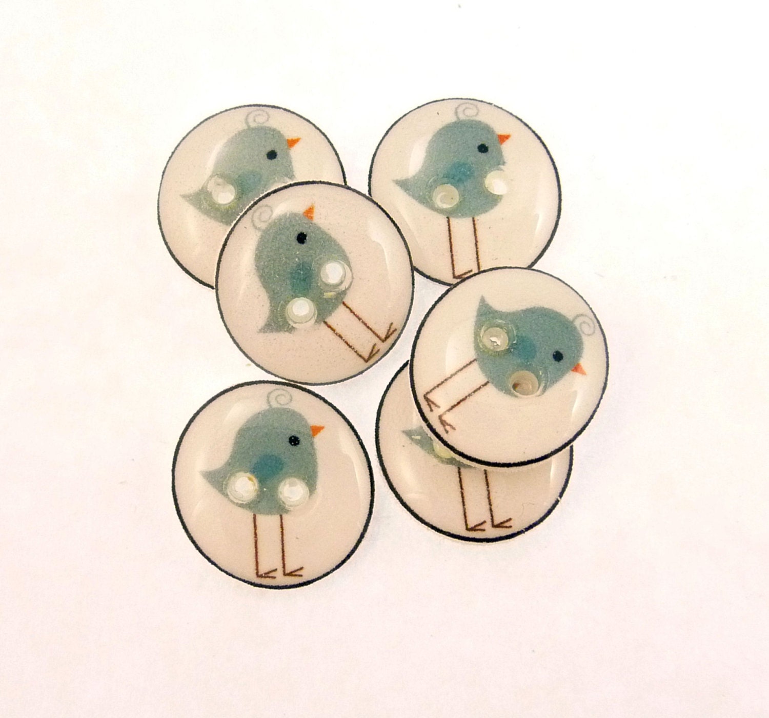 6 SMALL Bird Sewing Buttons. Grey Blue Bird Handmade Buttons