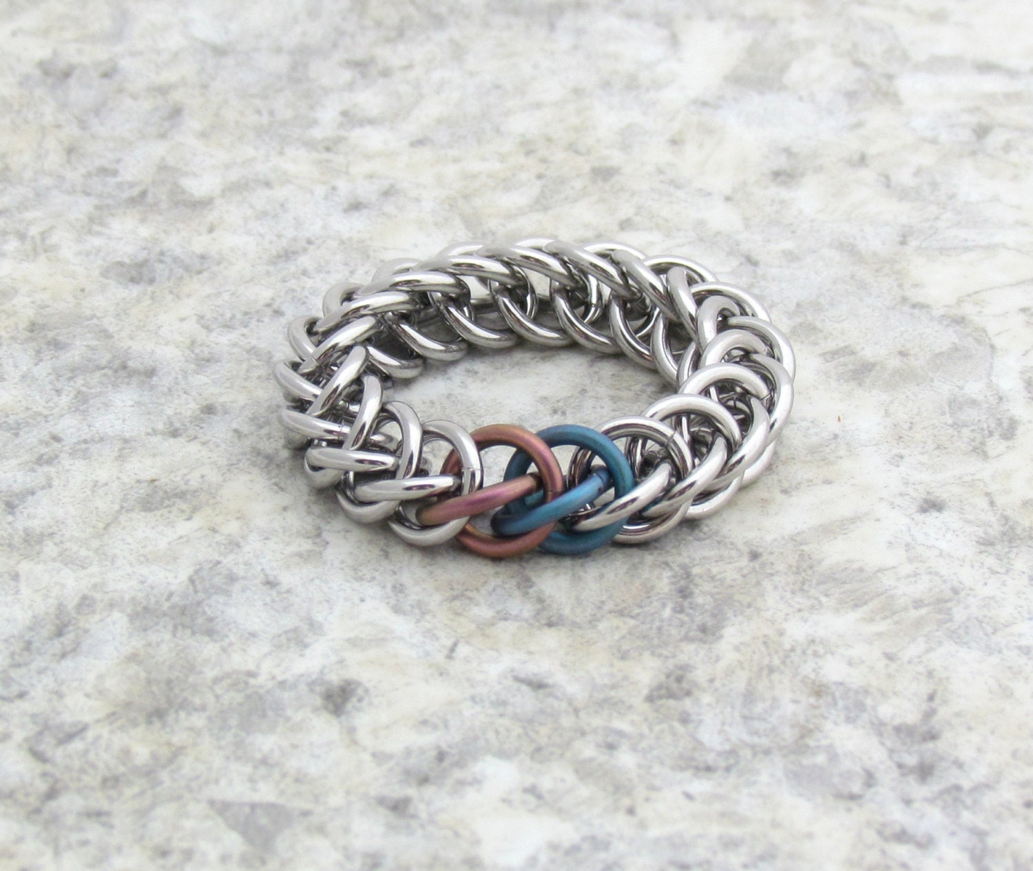 Chain Maille Ring Pink and Teal Titanium Stainless Steel