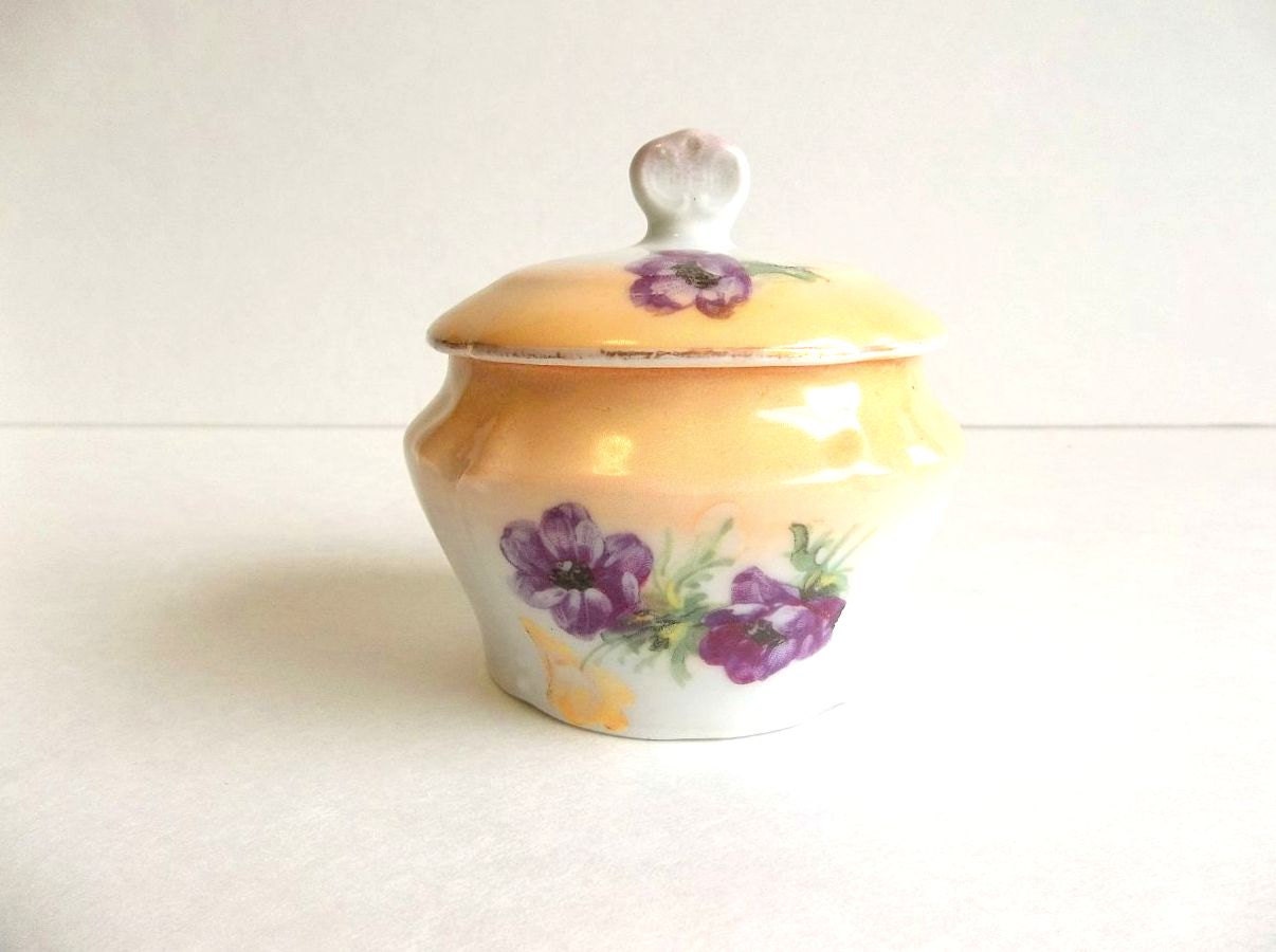 Vintage porcelain vanity trinket jar box violets flowers motif, golden ...