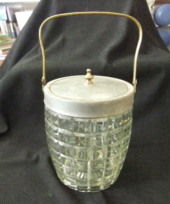Antique Clear Glass Biscuit Jar with Metal Handle and Lid