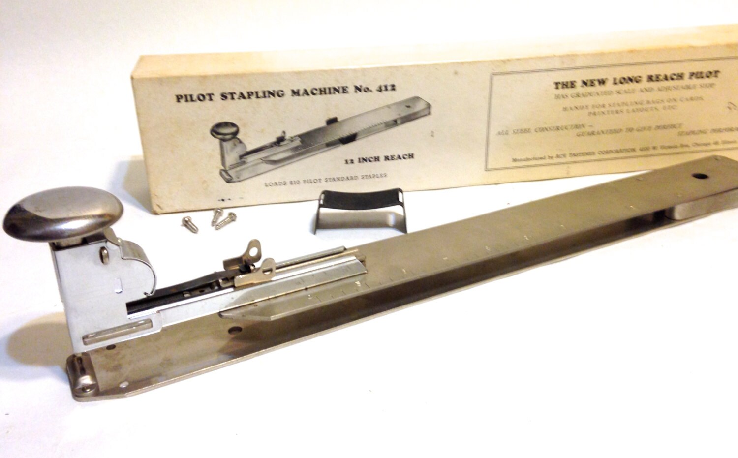 retro industrial steel pilot long reach stapler; yesteryears ace ...