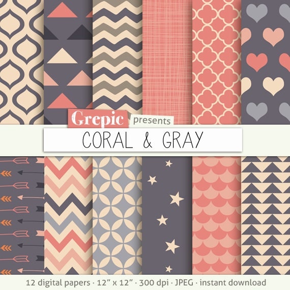 Coral gray digital paper: “CORAL & GRAY” with triangles, drops, chevron ...