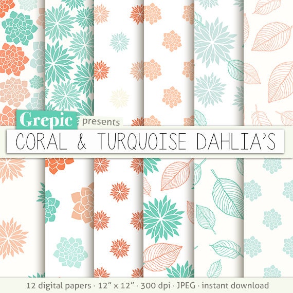 Dahlia flower digital paper: “CORAL & TURQUOISE DAHLIAS” clip art ...