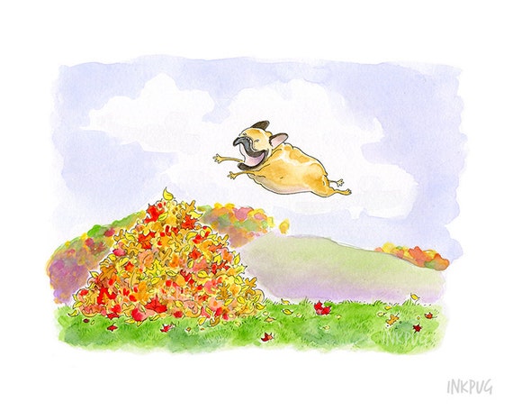 Frenchie's Leaf Pile Leap French Bulldog Art Print with by InkPug