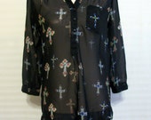 Black Blouse Semi Sheer Blouse Long Sleeved Fall Blouse Cross Clothing ...