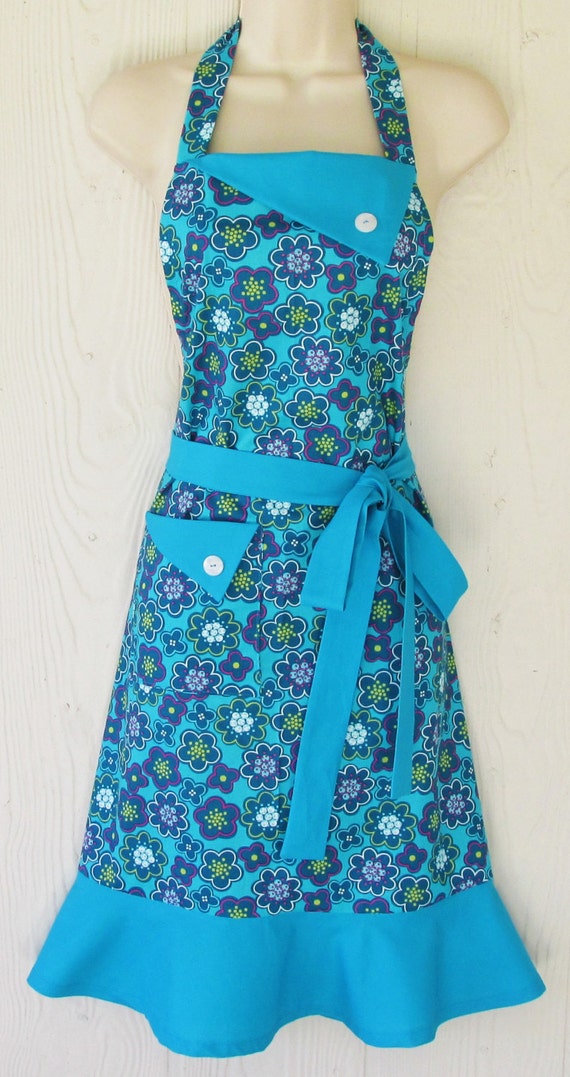 Teal Floral Apron Womens Full Apron Retro Style Flower