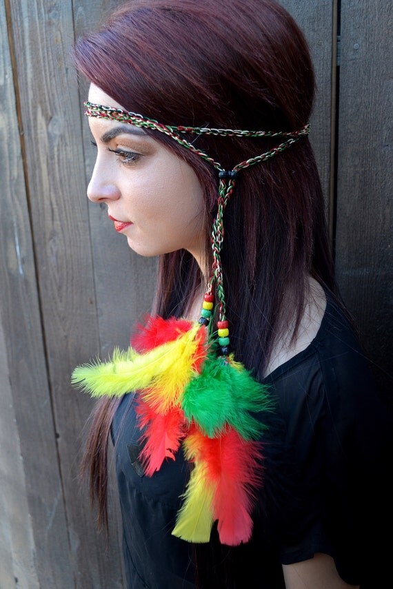 Rasta Feather Headband Hippie Headband Rastafarian by VividBloom