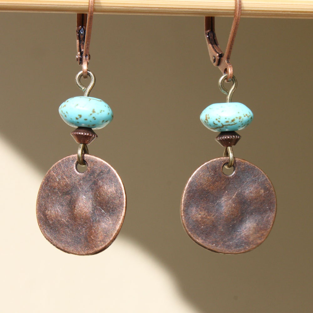 Textured Hammered Copper Earrings Turquoise Earrings Boho