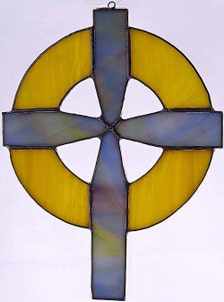 Stained glass golden halo cross in semi-opaque yellow gold and mingled ...