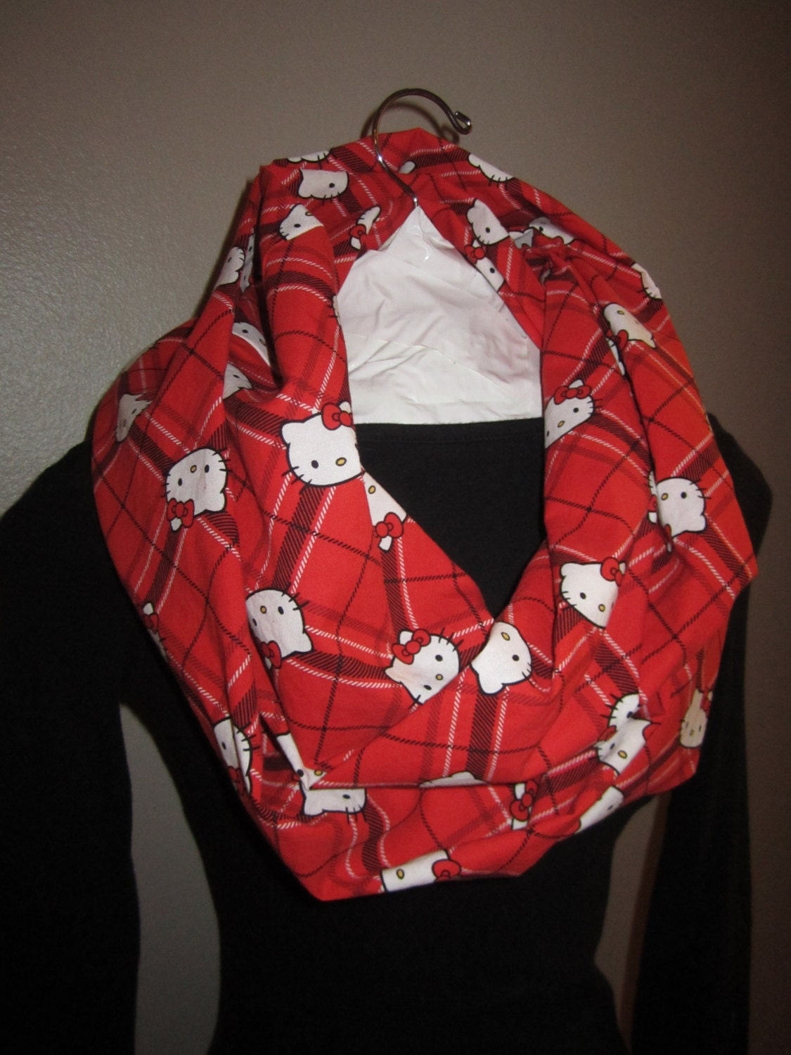 Hello Kitty Infinity Scarf with Red Diamond Plaid by EastOfLaclede