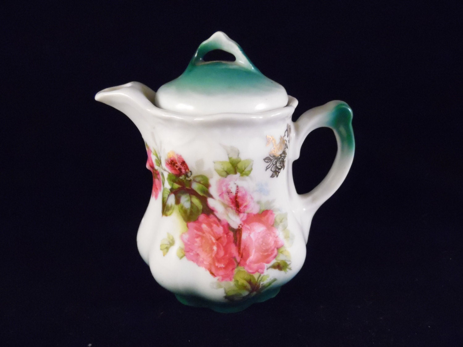 Vintage One Cup Green and White Teapot with Pretty Pink Roses – Haute Juice
