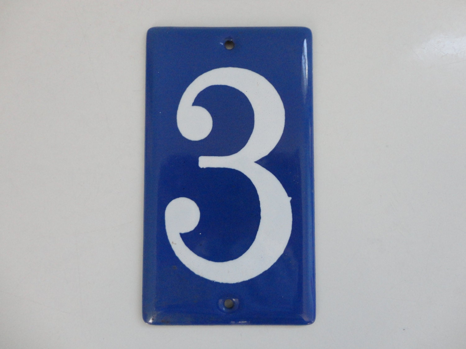 VINTAGE cobalt blue and white ENAMEL no. 3 wall plaque