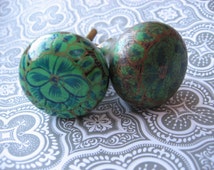 1 Hand Antiqued Floral Wood Knobs Green Blue Gold Sold in Sets of 2 Bohemian Farmhouse Cottage ...
