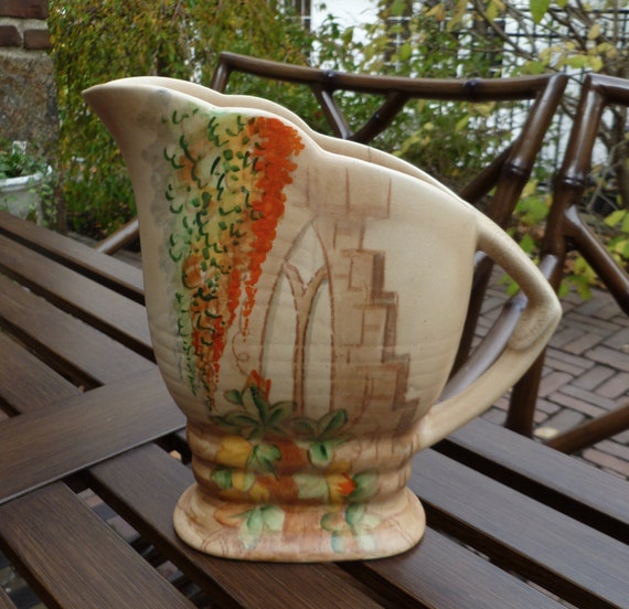 Beswick Pottery Pitcher Jug. Hand Painted Leaves. Art Deco.