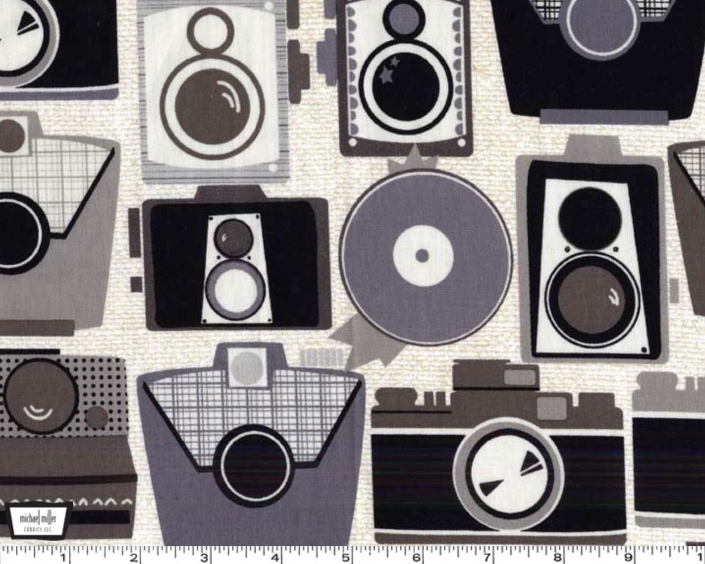 Cameras Neutral Cotton Print Fabric from Michael Miller