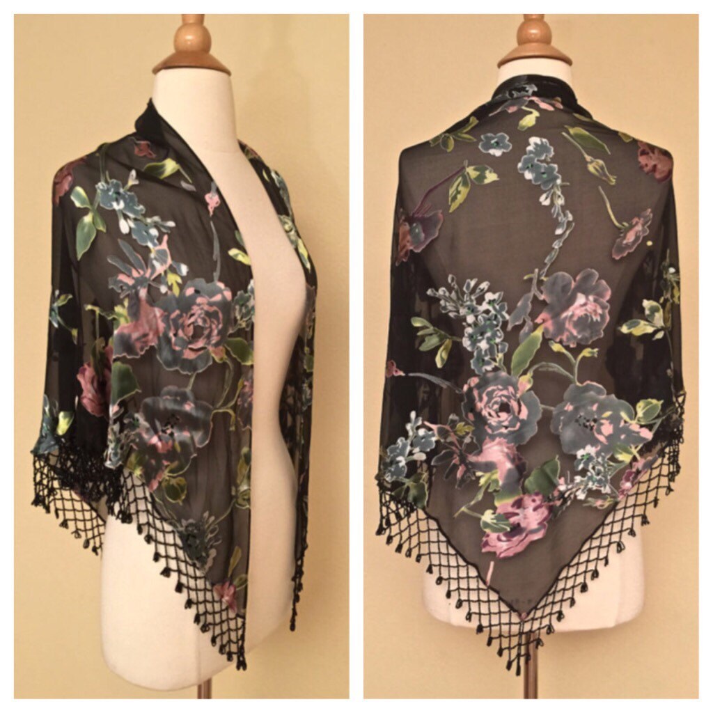Piano Shawl Scarf 20s Style Vintage Black Silk Floral Piano Shawl with ...