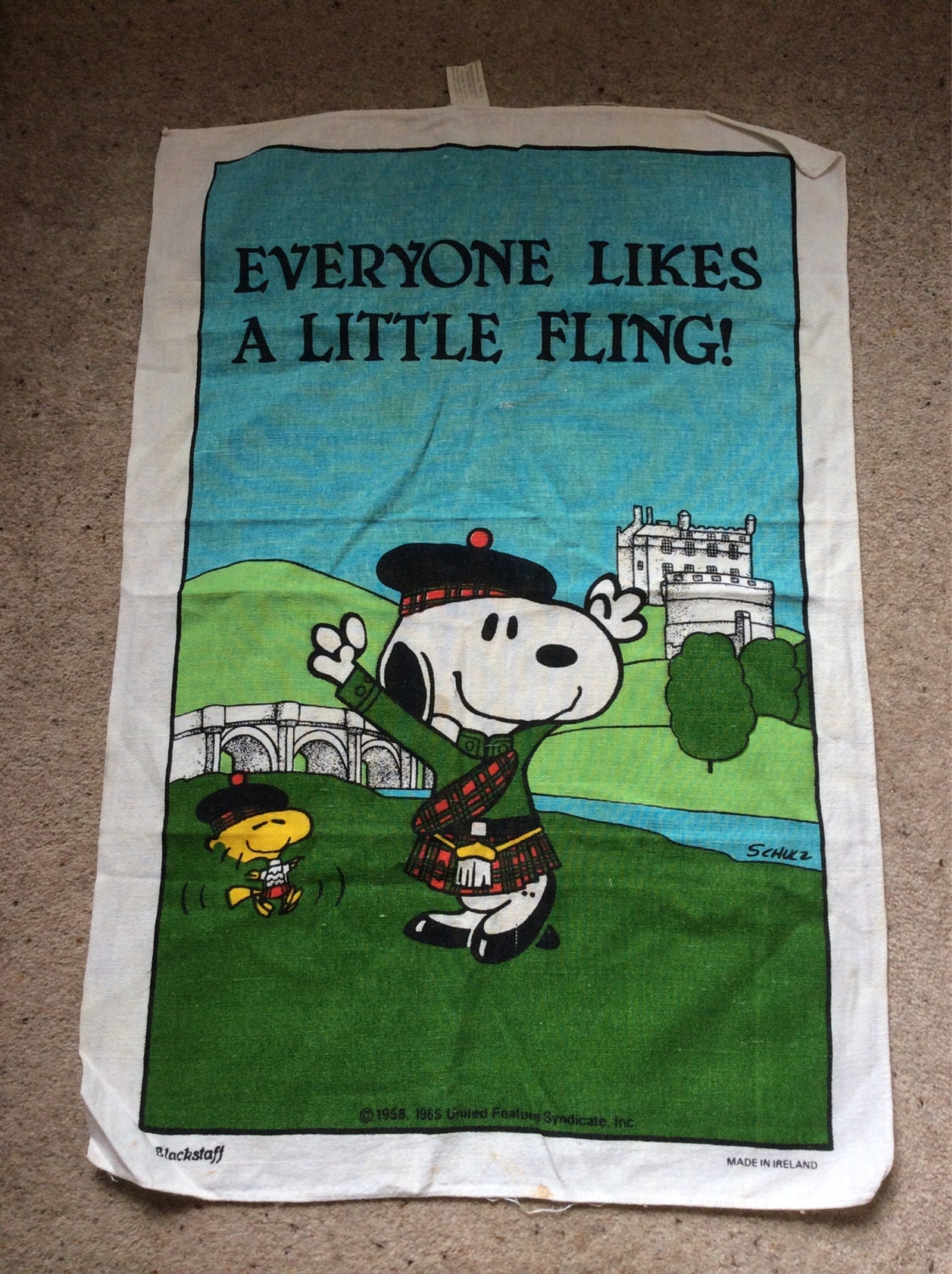 Vintage Snoopy Scottish highland fling tea towel made in