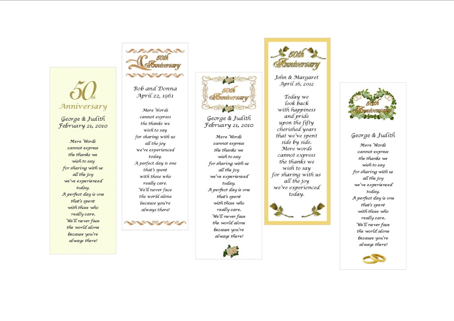 Personalized 50th anniversary Bookmark Favor set of 10