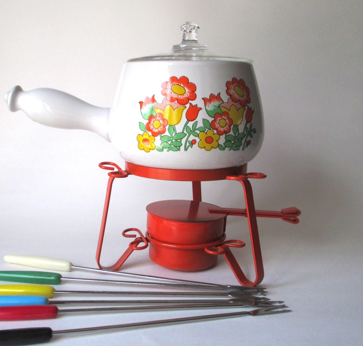 Vintage Fondue Set Mod Floral Design Stoneware Retro Meat Fondue Pot ...