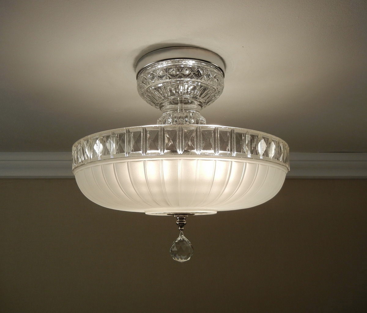 Vintage Ceiling Light 1940's Winter White Pressed Glass