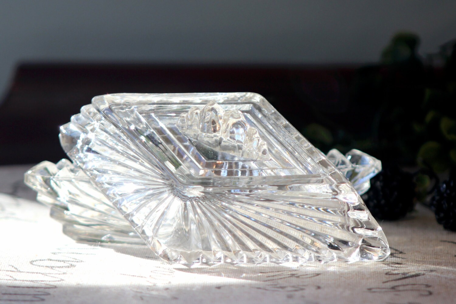 Art Deco Glass Box – Jewelry Box with Lid – Diamond Shaped Glass Dish ...